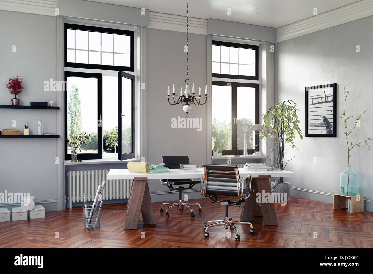 modern study room with table and armchairs. 3d concept rendering Stock ...