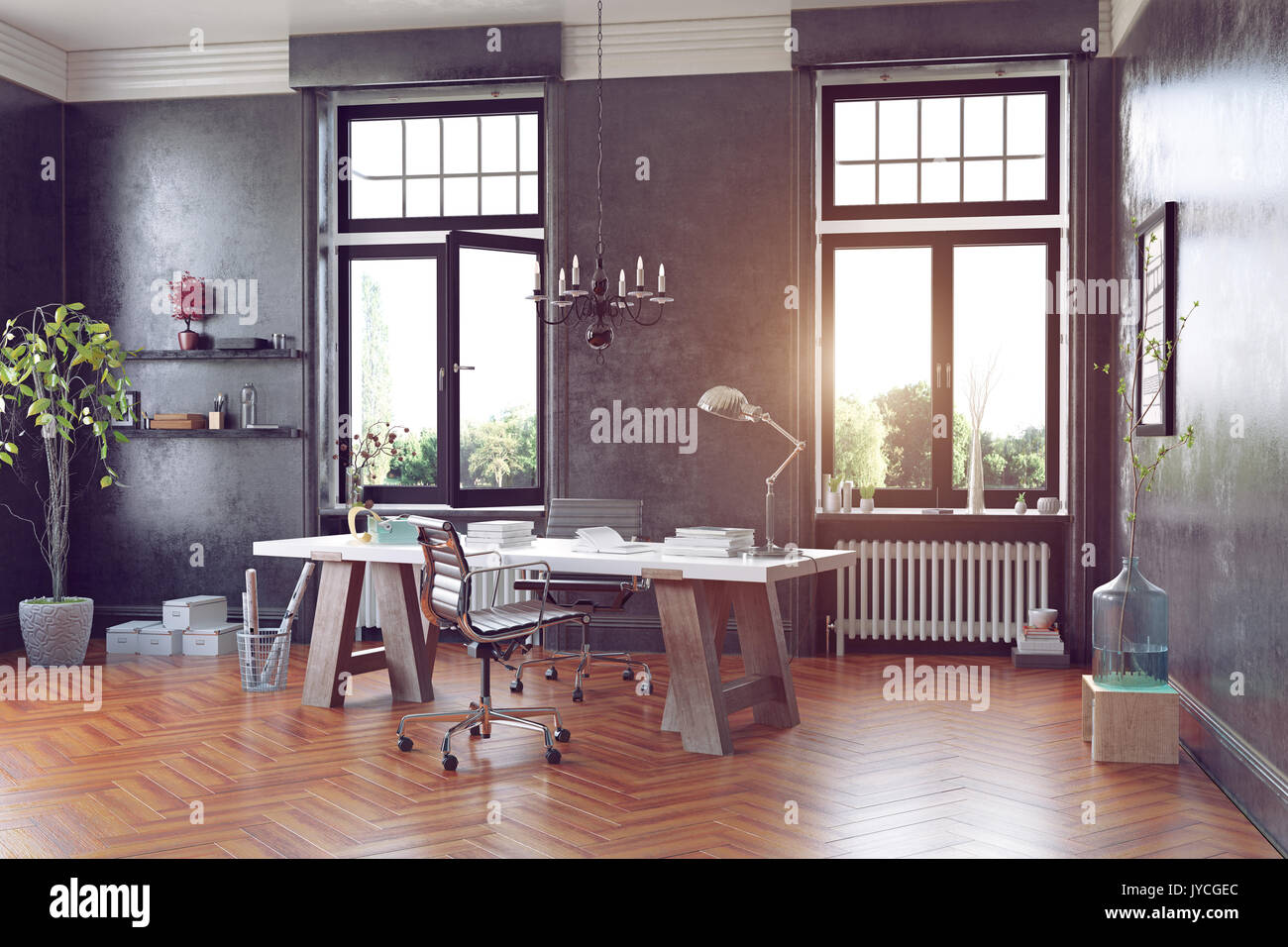 modern study room with table and armchairs. 3d concept rendering Stock ...