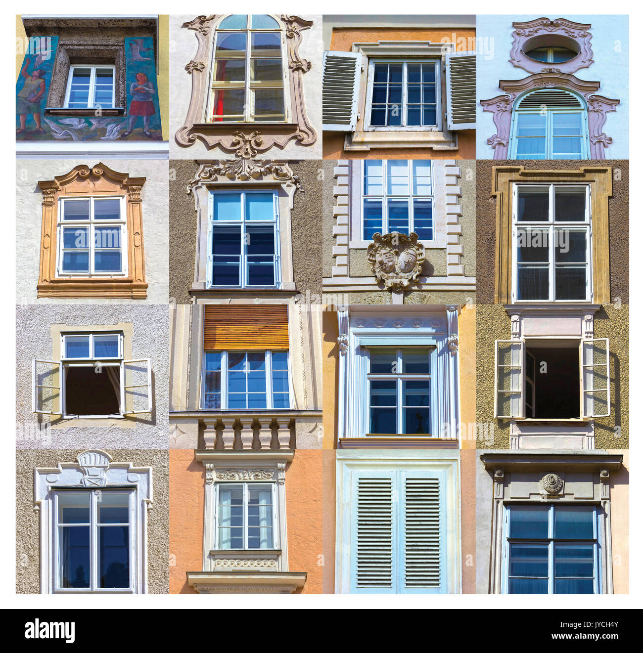 Collage from typical views of a house windows in the center of Salzburg ...