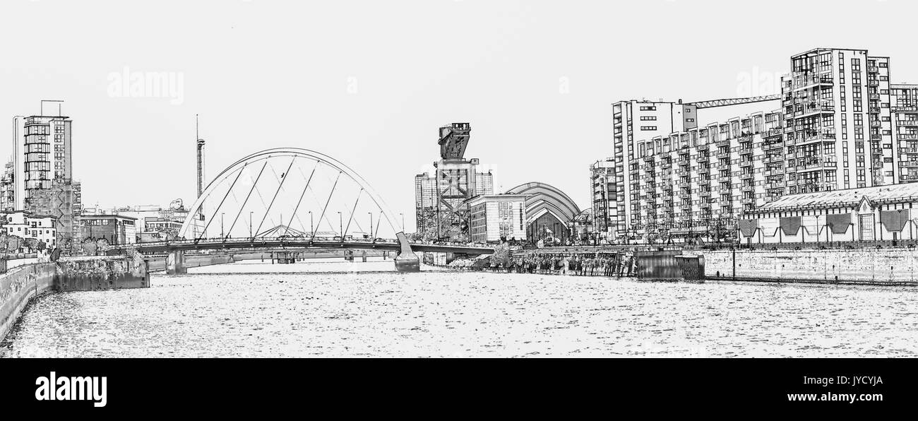 Pencil sketch of the Clyde Arc road bridge spanning the River Clyde in ...