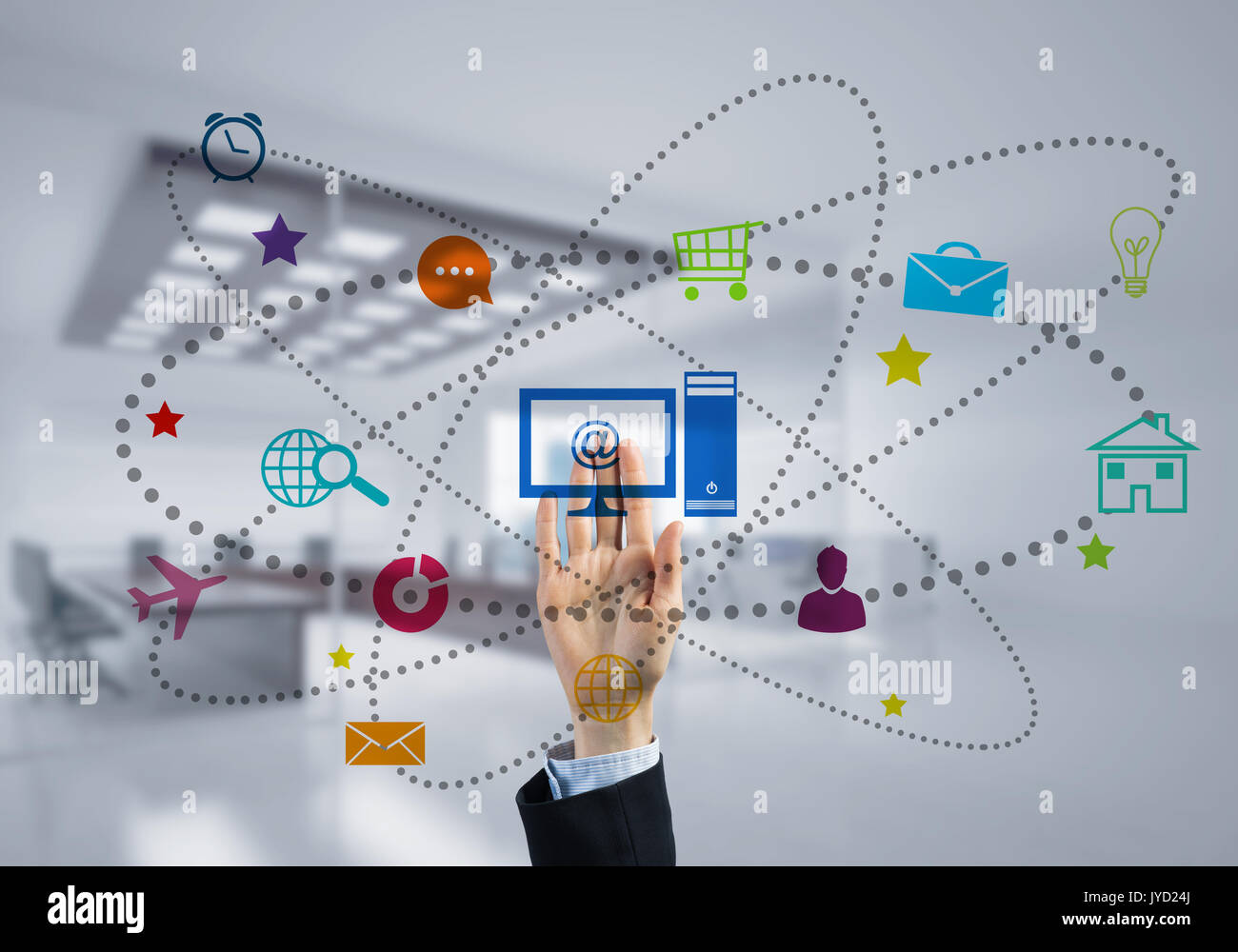 Modern office interior and close of businesswoman hand choosing icon on ...