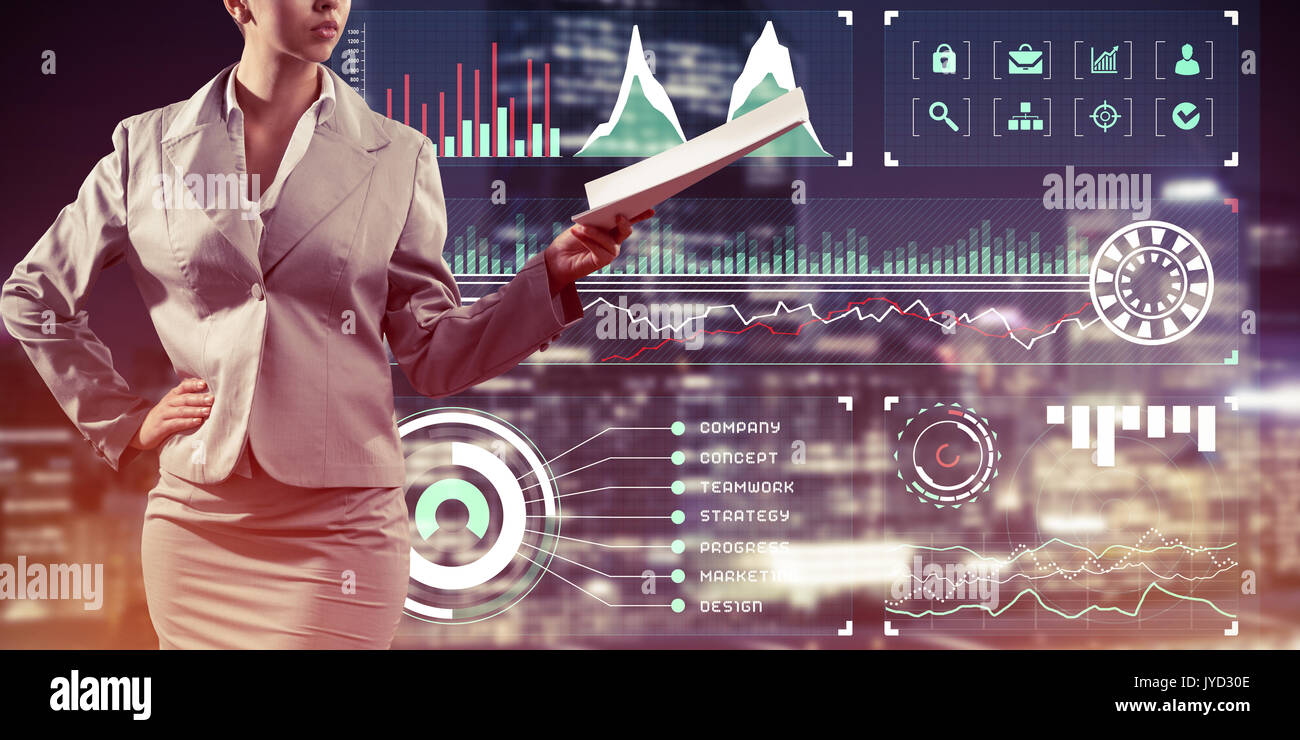 Digital background with infographs and lady extending papers or Stock ...