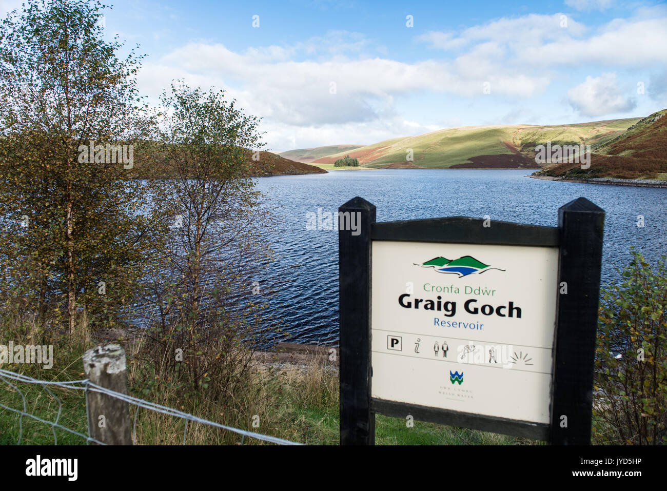 Craig Goch reservoir and sign, in the Elan Valley, Rhayader, Powys ...