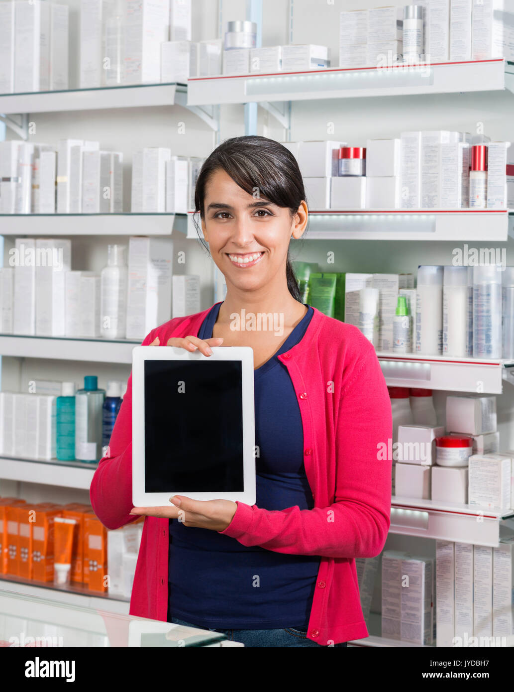 Customer Holding Digital Tablet With Blank Screen In Pharmacy Stock ...