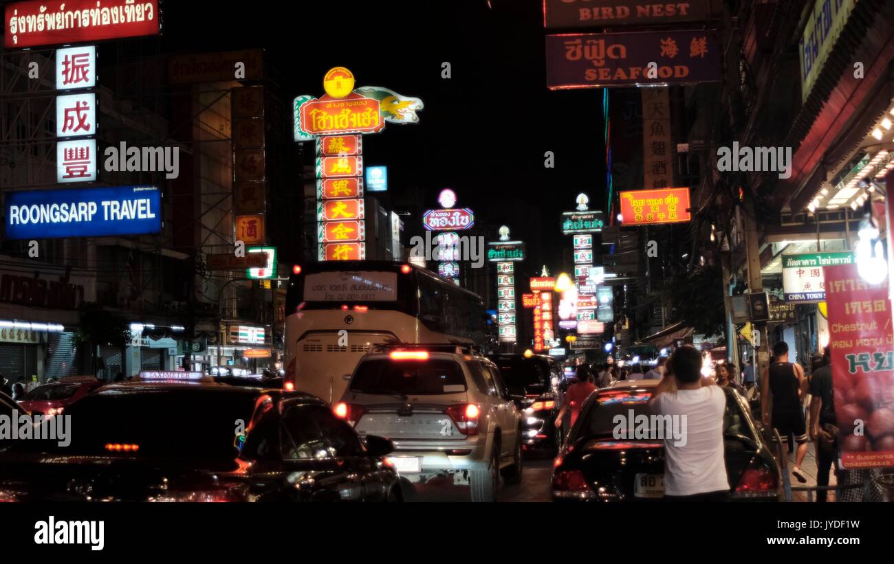 Night Traffic and Neon Lights Yaowarat Road Chinatown Bangkok Thailand Stock Photo - Alamy