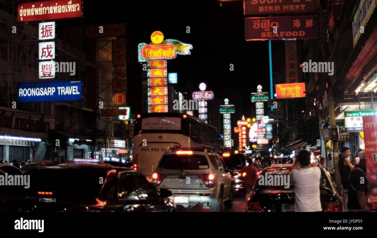 Night Traffic and Neon Lights Yaowarat Road Chinatown Bangkok Thailand Stock Photo - Alamy