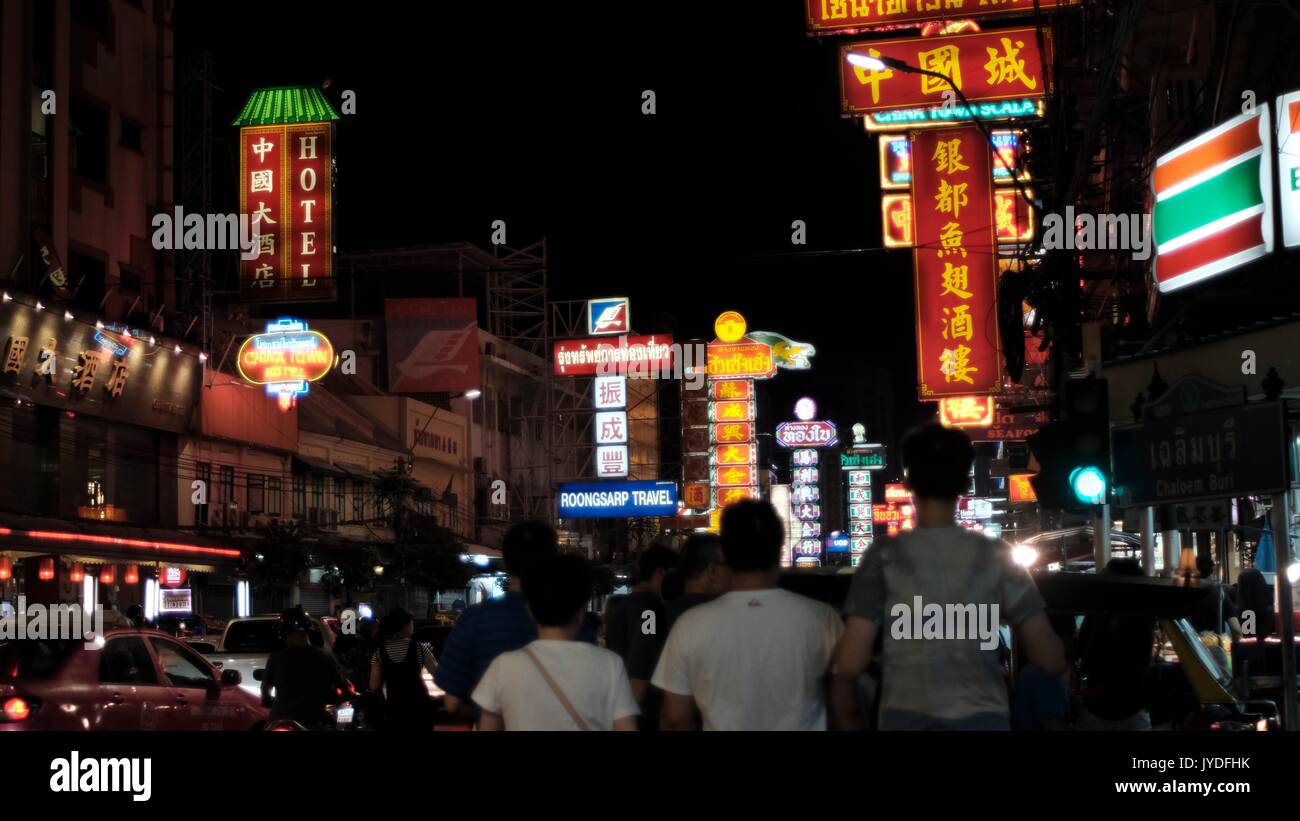 Night Traffic and Neon Lights Yaowarat Road Chinatown Bangkok Thailand Stock Photo - Alamy