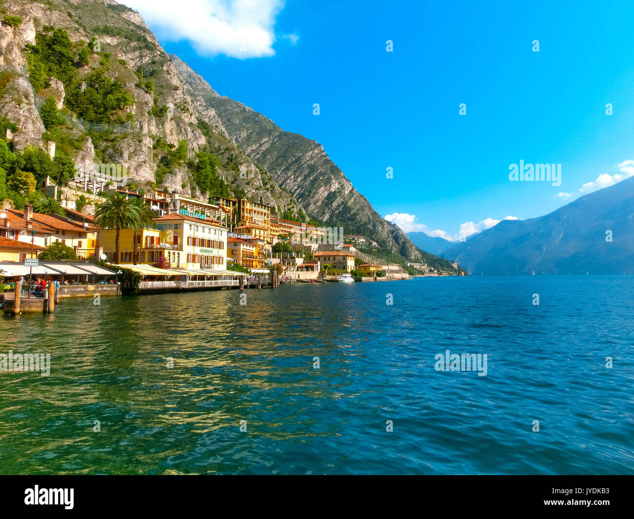 Limone sul Garda, Italy - September 21, 2014: The boardwalk with houses ...