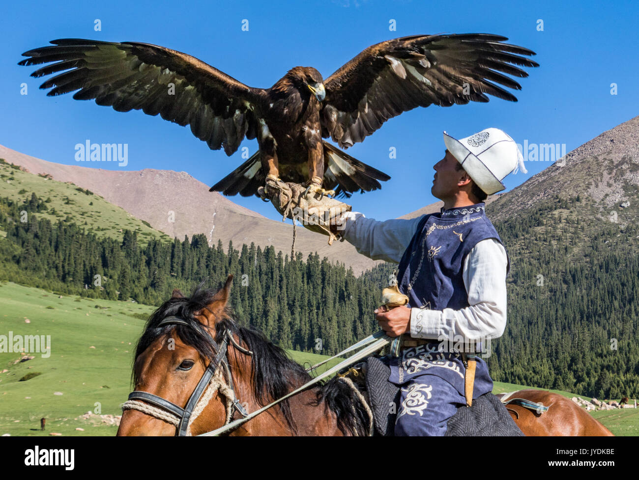 Eagle Hunter holds his eagles on horseback, ready to take flight in ...