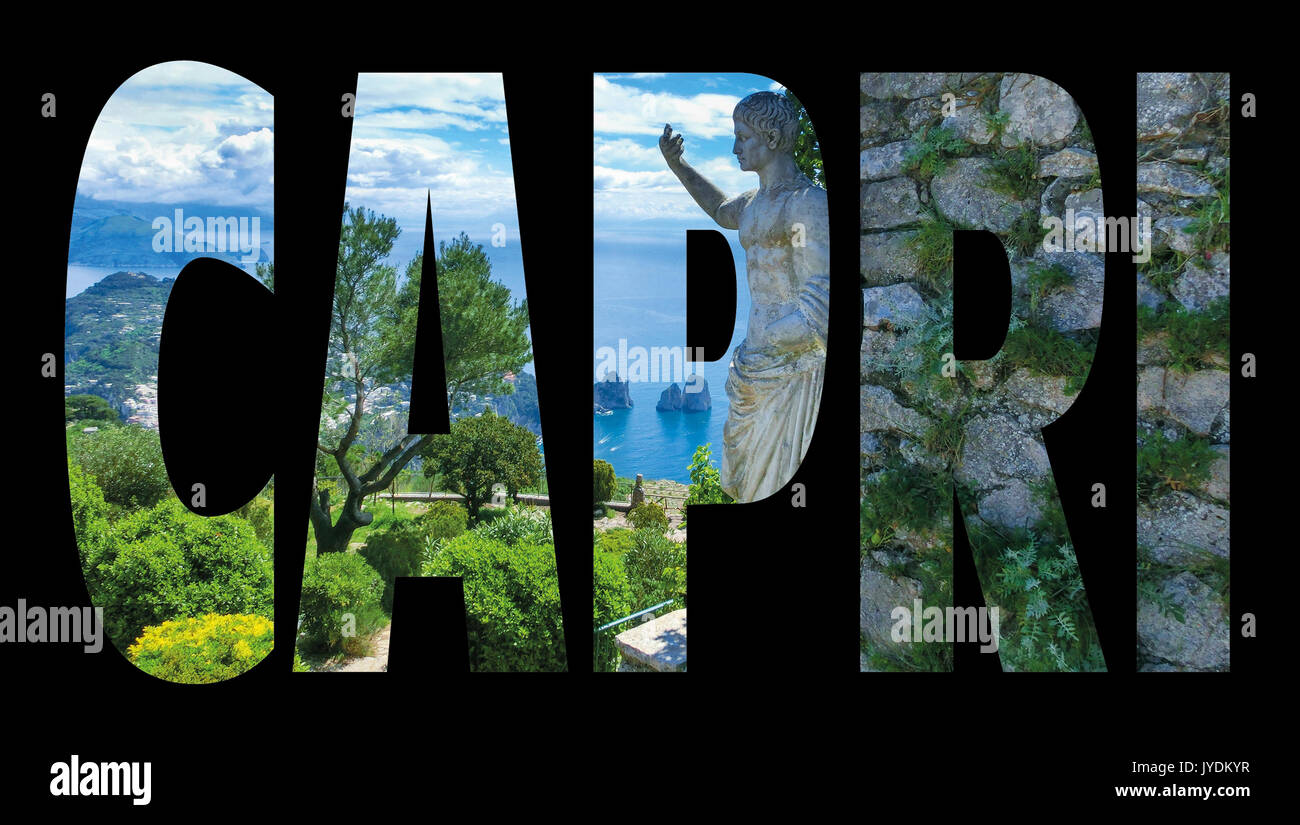 Capri - island name sign with photo in background on black Stock Photo ...