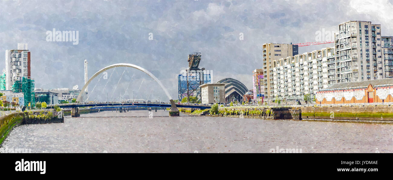 Watercolour painting of the Clyde Arc road bridge spanning the River ...