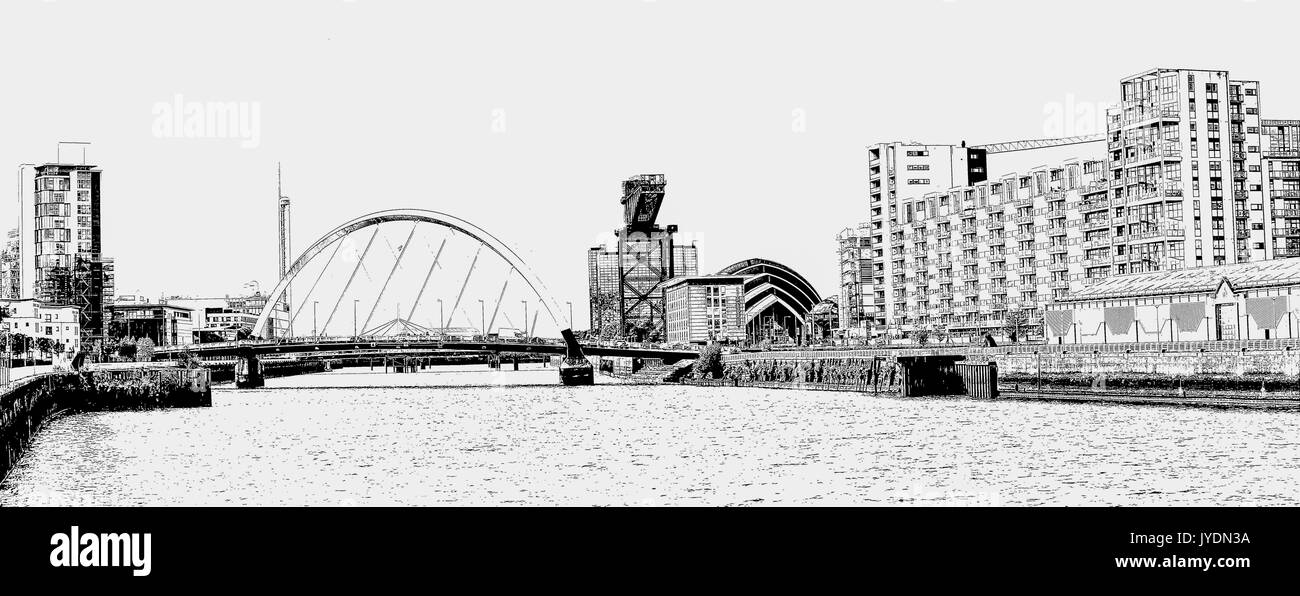 Pen and ink sketch of the Clyde Arc road bridge spanning the River ...