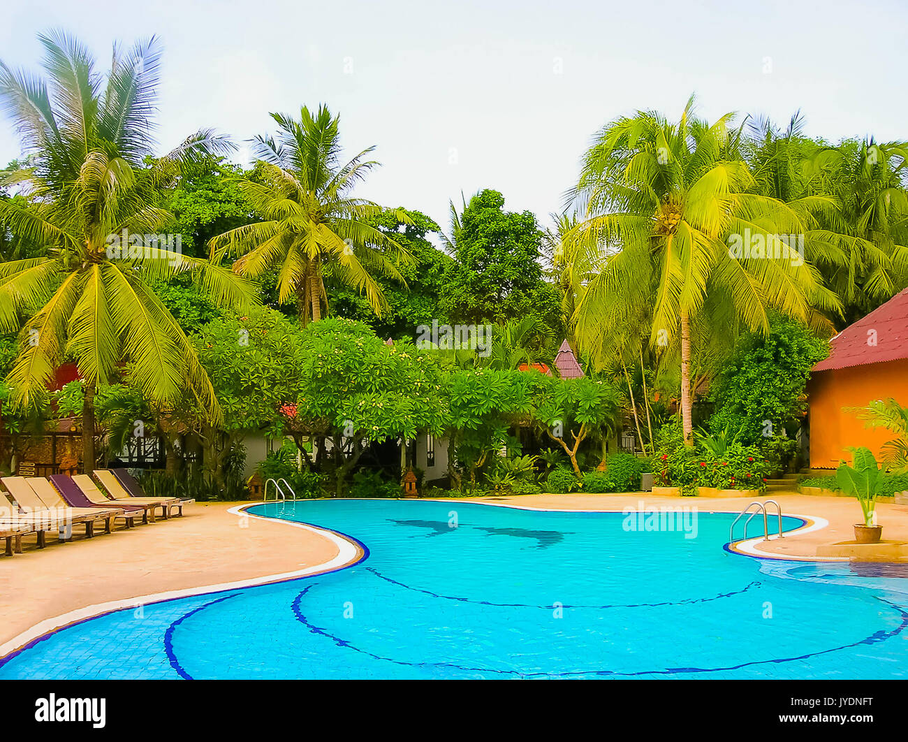 Koh Samui, Thailand - June 27, 2008: Houses, deck chair and beautiful ...