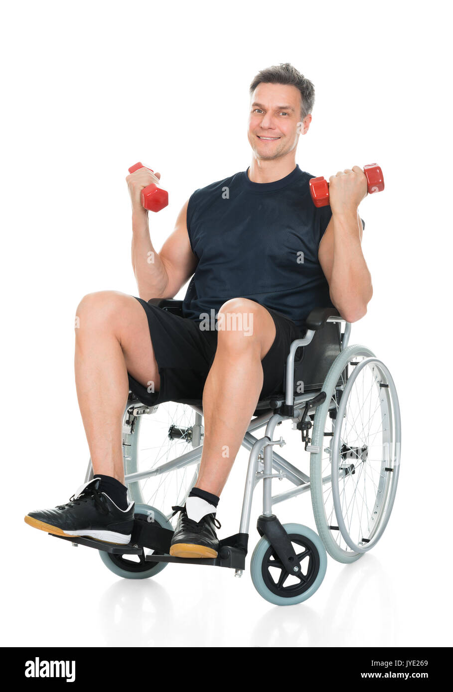 Handicapped Man On Wheelchair Working Out With Dumbbell Over White ...