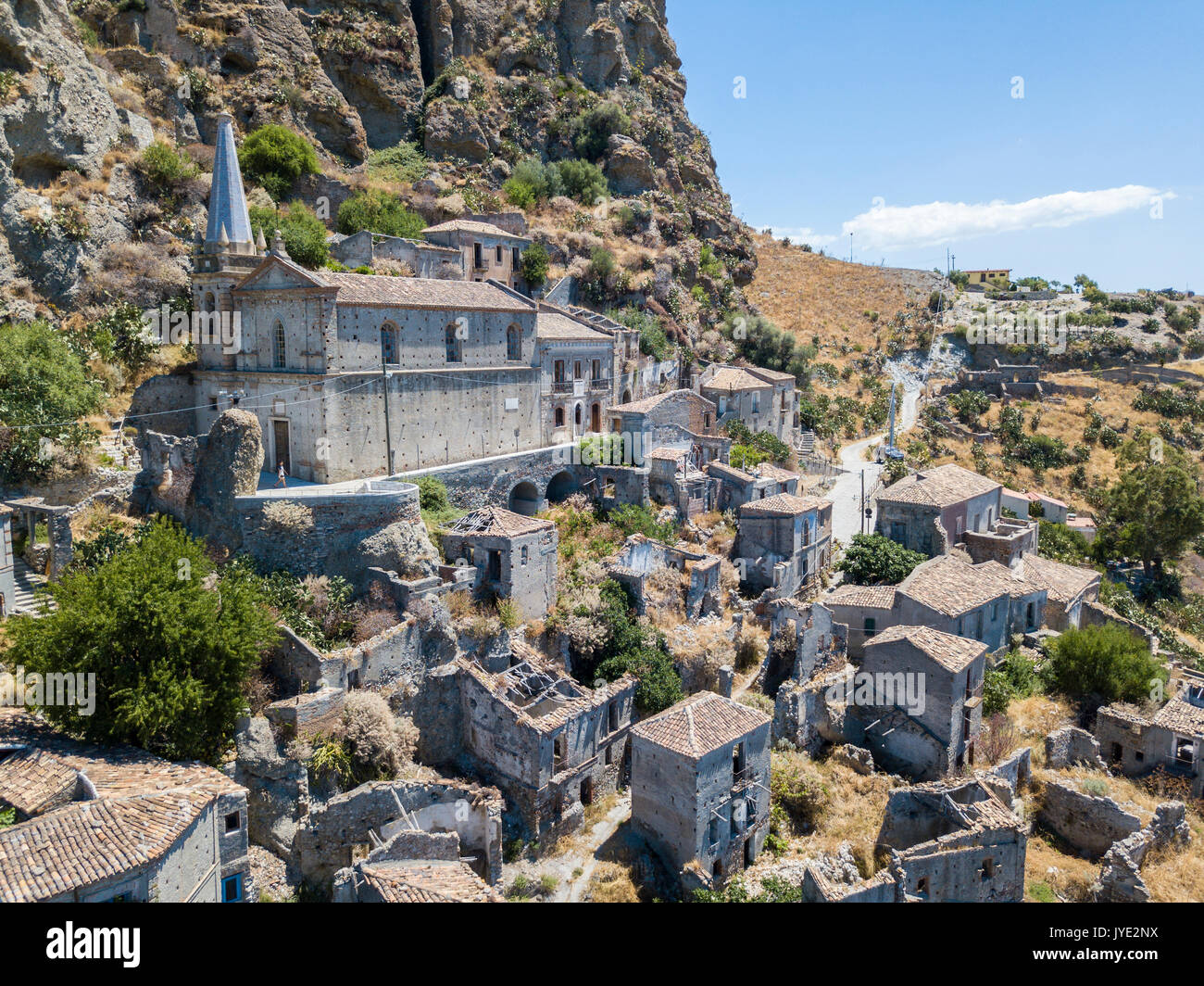 Aerial view of the Small village of Pentedattilo, church and ruins of ...