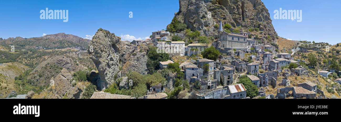 Aerial view of the Small village of Pentedattilo, church and ruins of ...