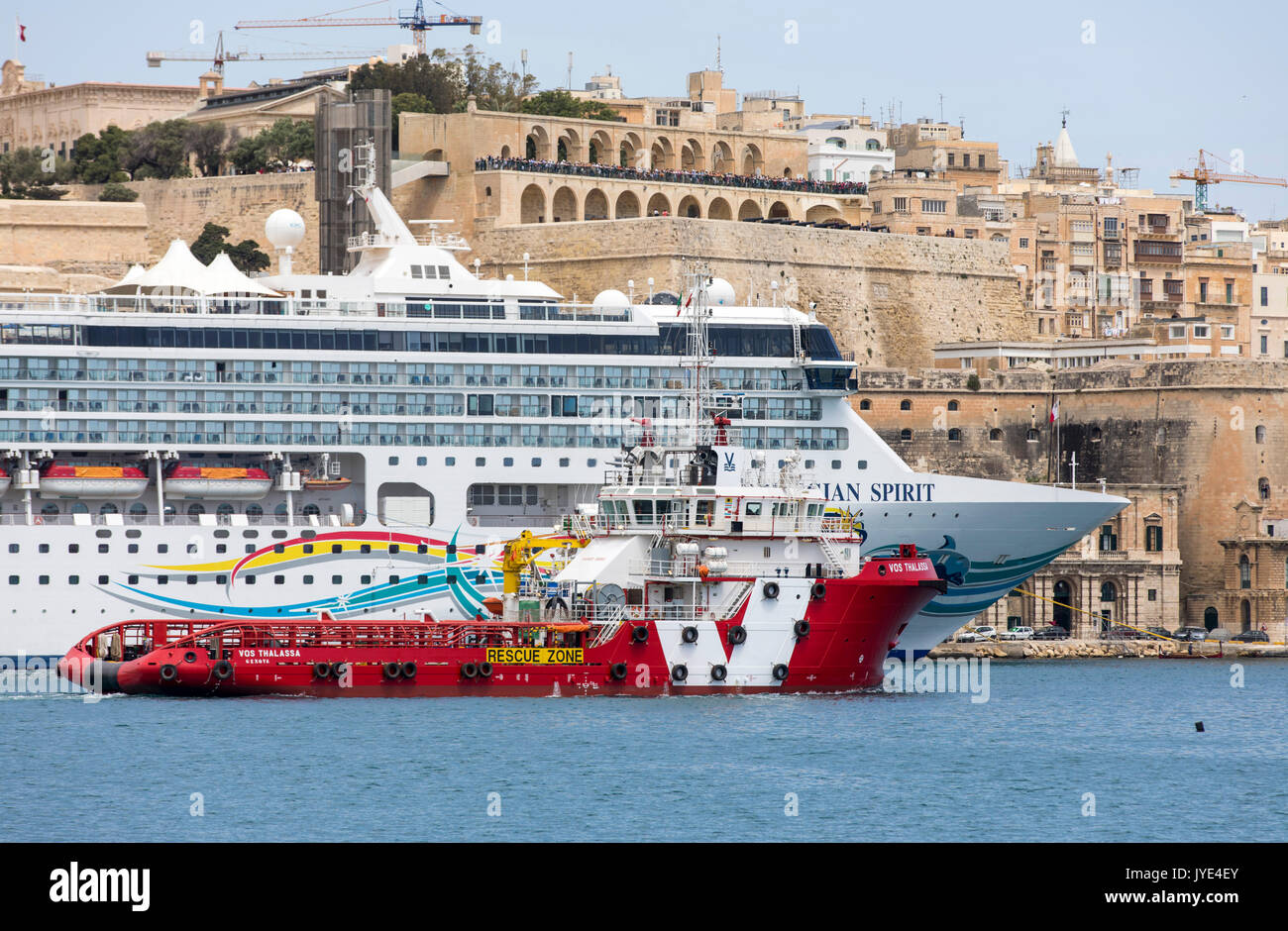 Cruise ship in the harbor of Valletta, Malta, old town, Grand Harbor ...