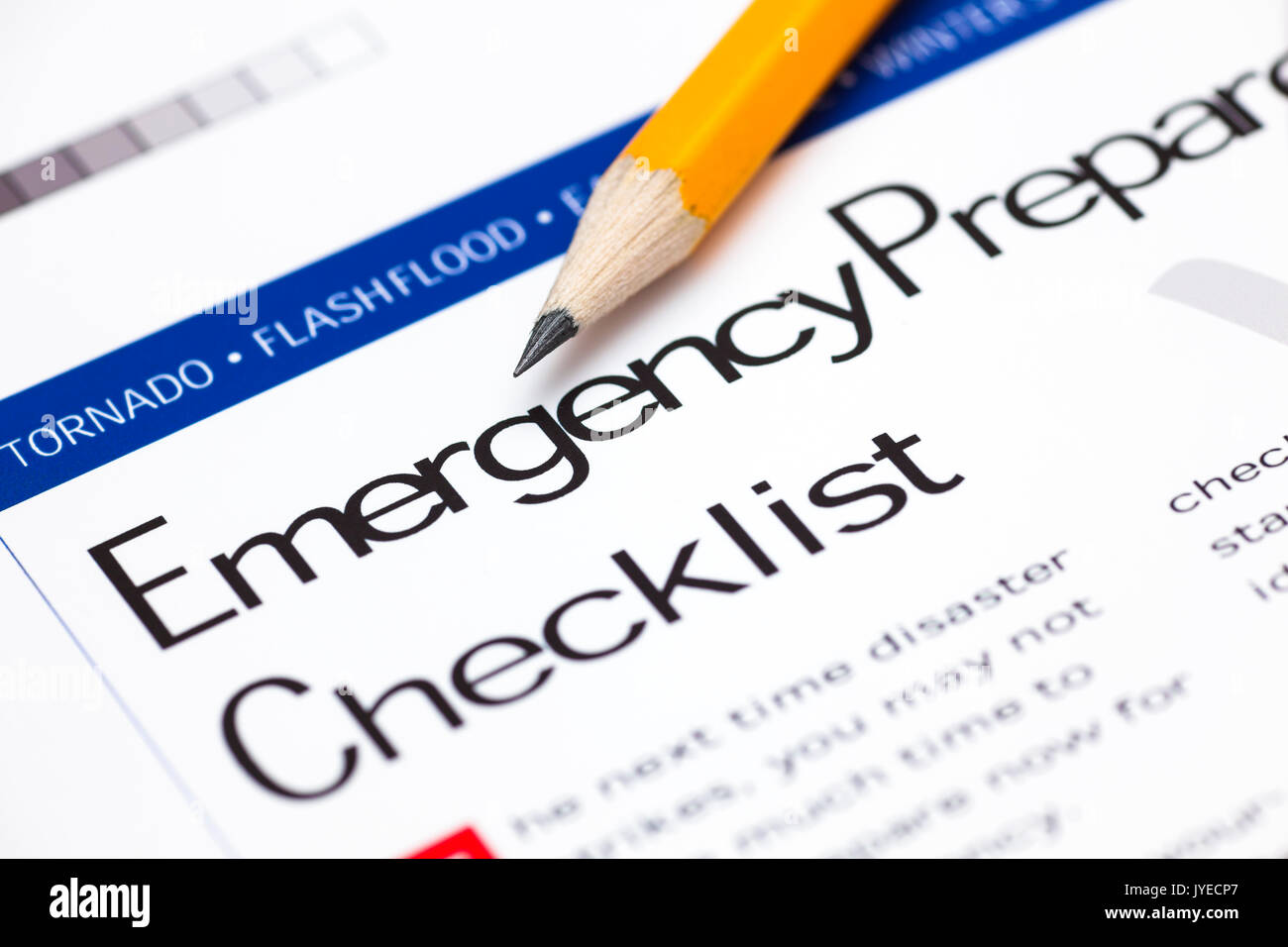 Emergency Preparedness Checklist with pencil. Close-up Stock Photo - Alamy