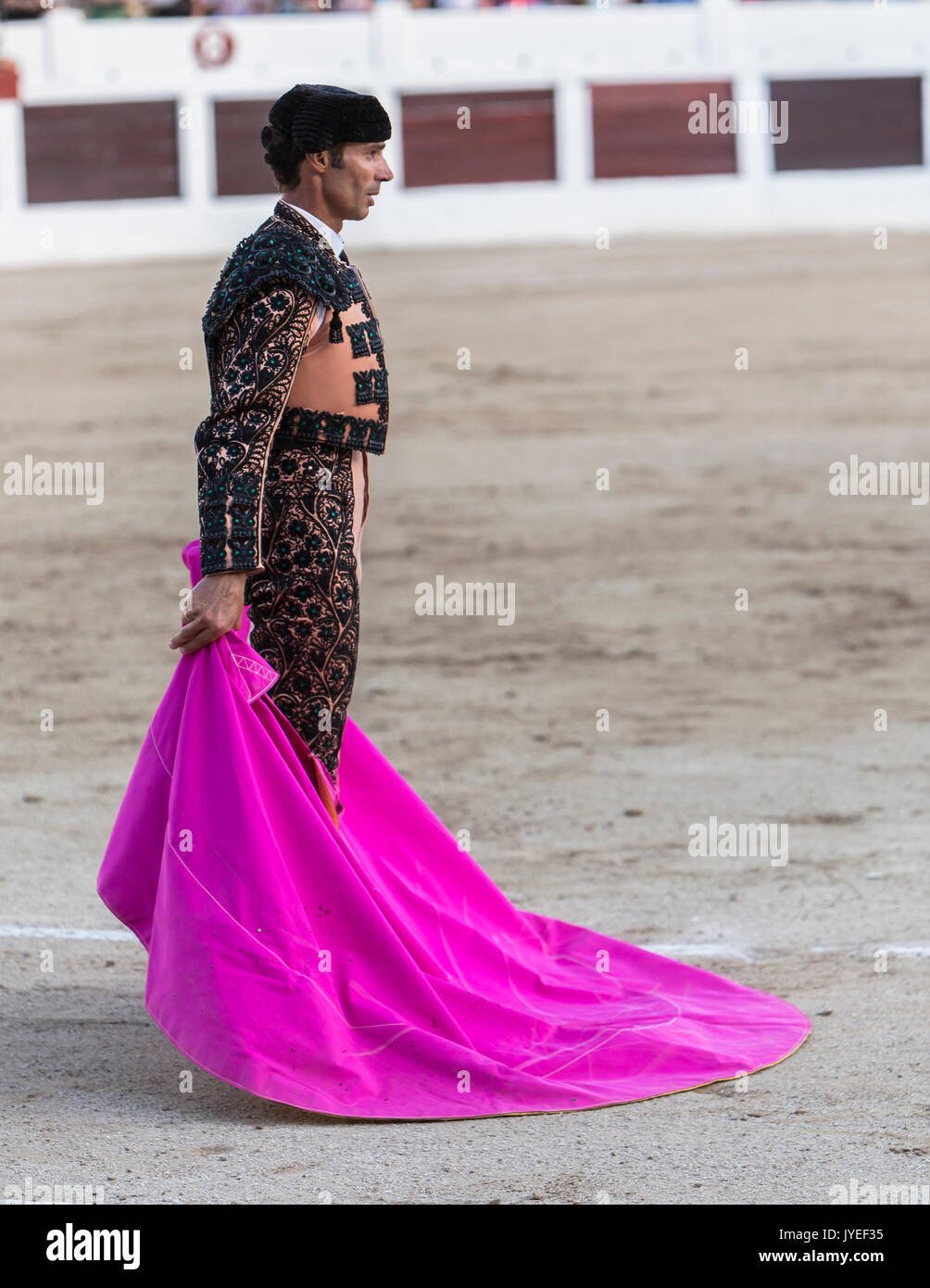 Spanish bullfighter holds Capote during Corrida de Toros, Linares ...
