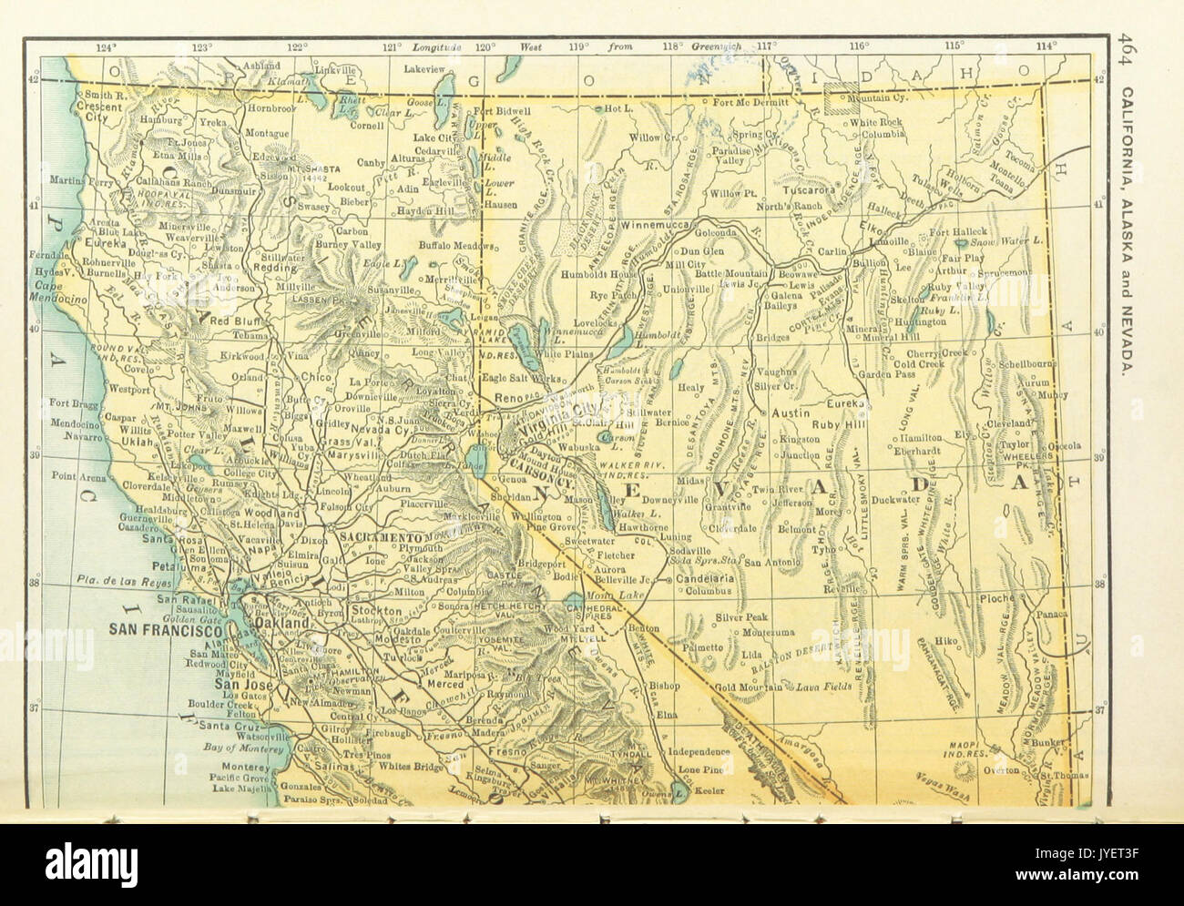 US MAPS(1891) p466 MAP OF CALIFORNIA, NEVADA AND ALASKA (l Stock Photo ...