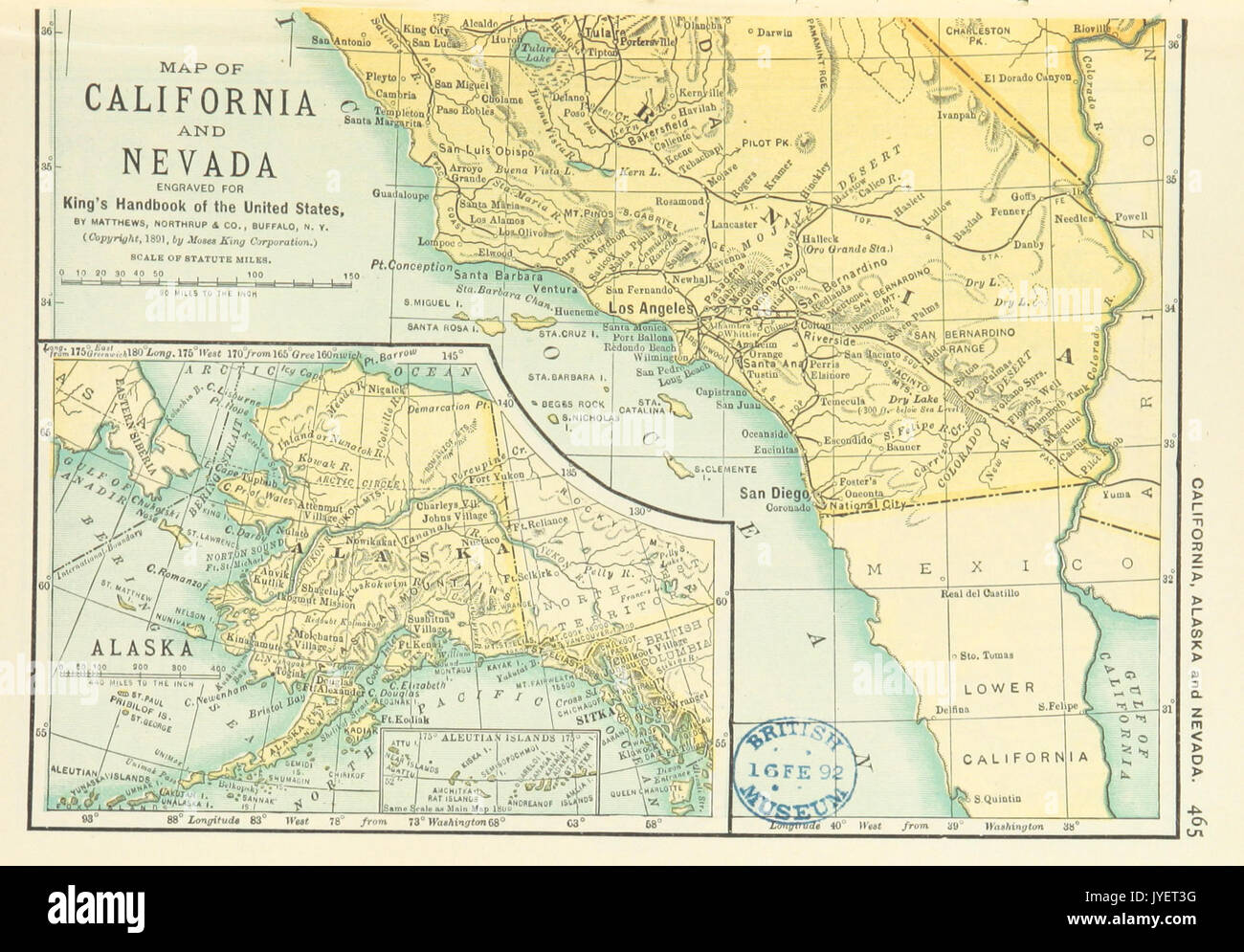 US MAPS(1891) p467 MAP OF CALIFORNIA, NEVADA AND ALASKA (r Stock Photo ...
