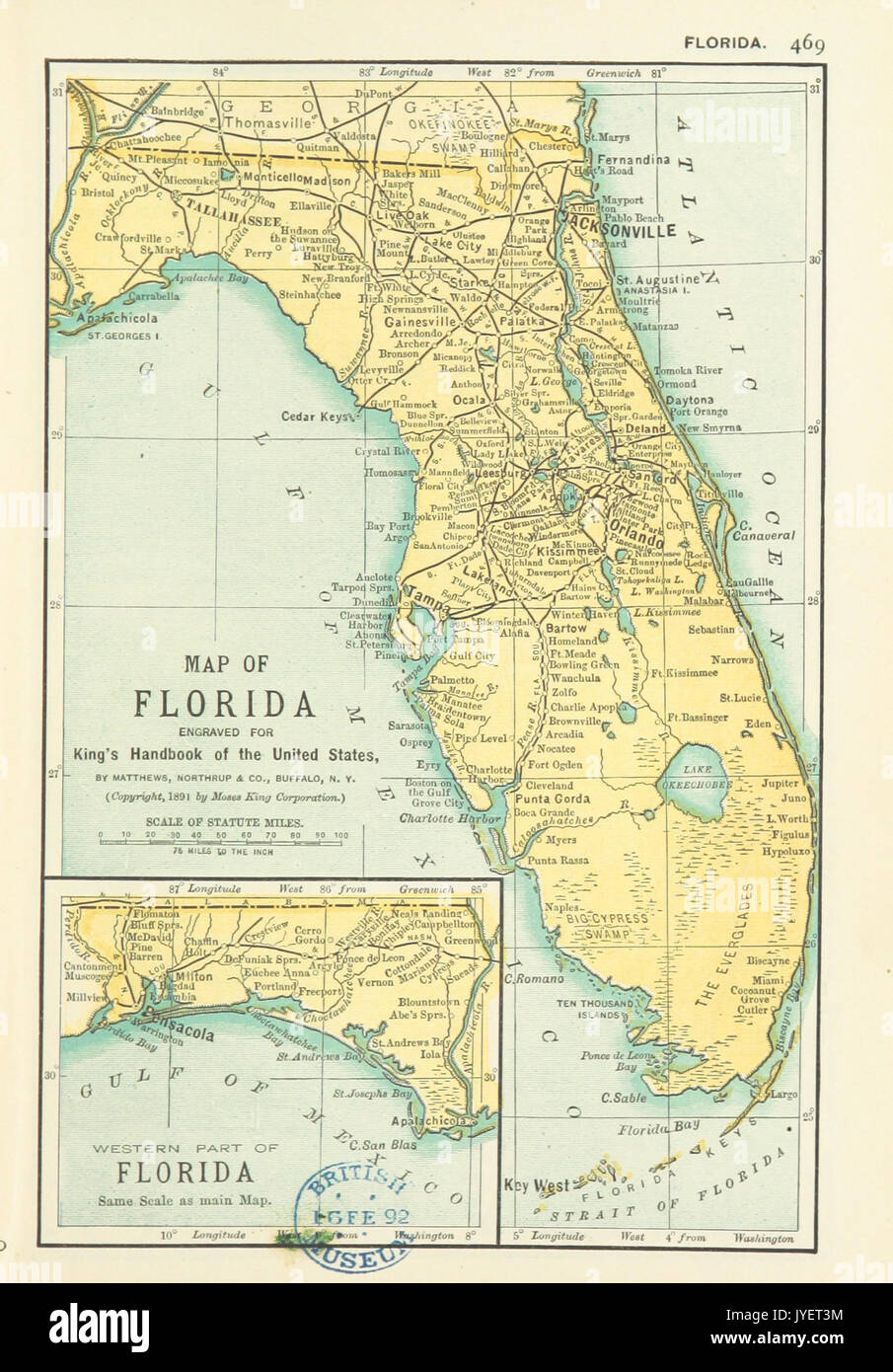 US MAPS(1891) p471 MAP OF FLORIDA Stock Photo - Alamy