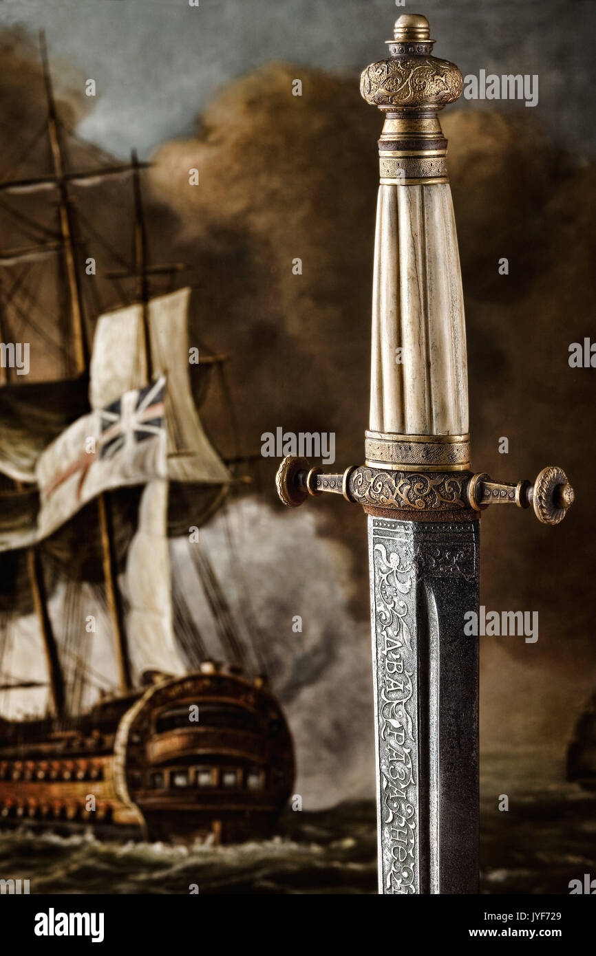 Creative photo of an ancient carved sword against painted background ...