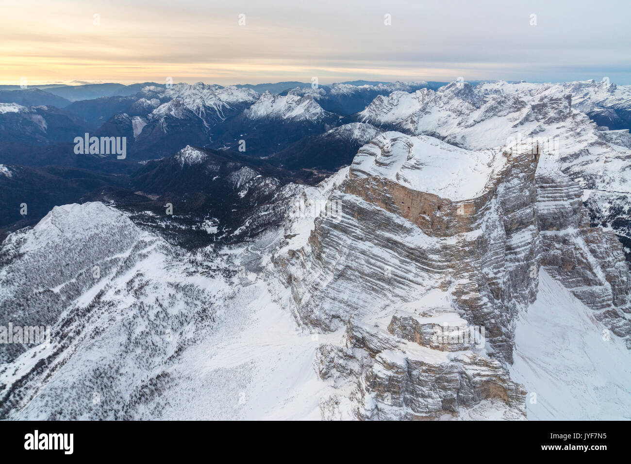 Aerial view of the rocky peaks of Monte Pelmo at dawn Zoldo Dolomites ...