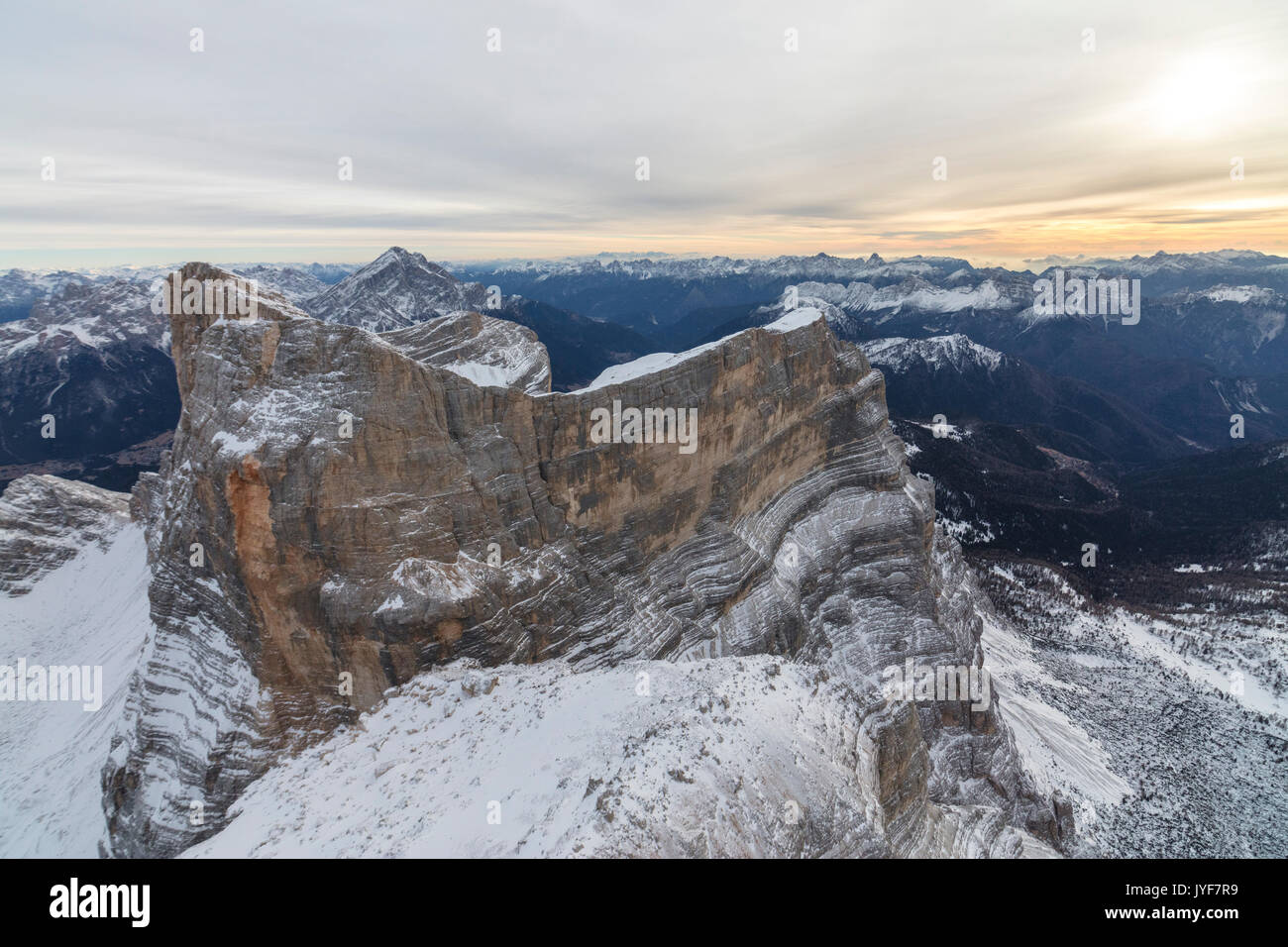 Aerial view of the rocky peaks of Monte Pelmo at dawn Zoldo Dolomites ...