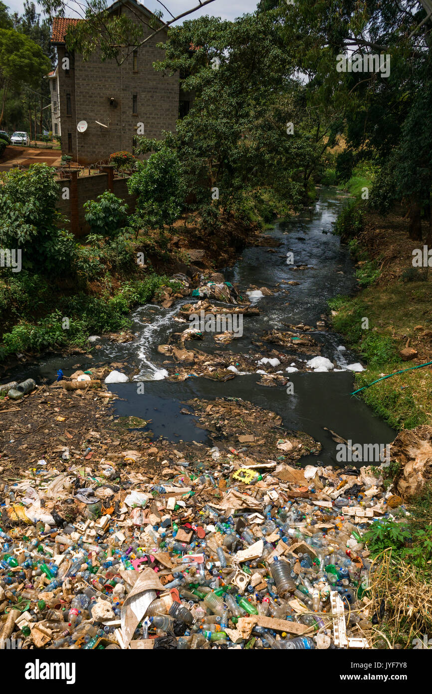 Plastic bottles and other waste rubbish blocking Nairobi river, Kenya ...