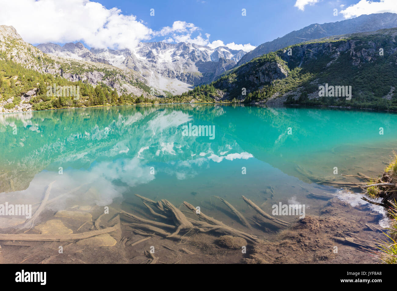 Rocky peaks and woods are reflected in Aviolo Lake Vezza D'Oglio ...