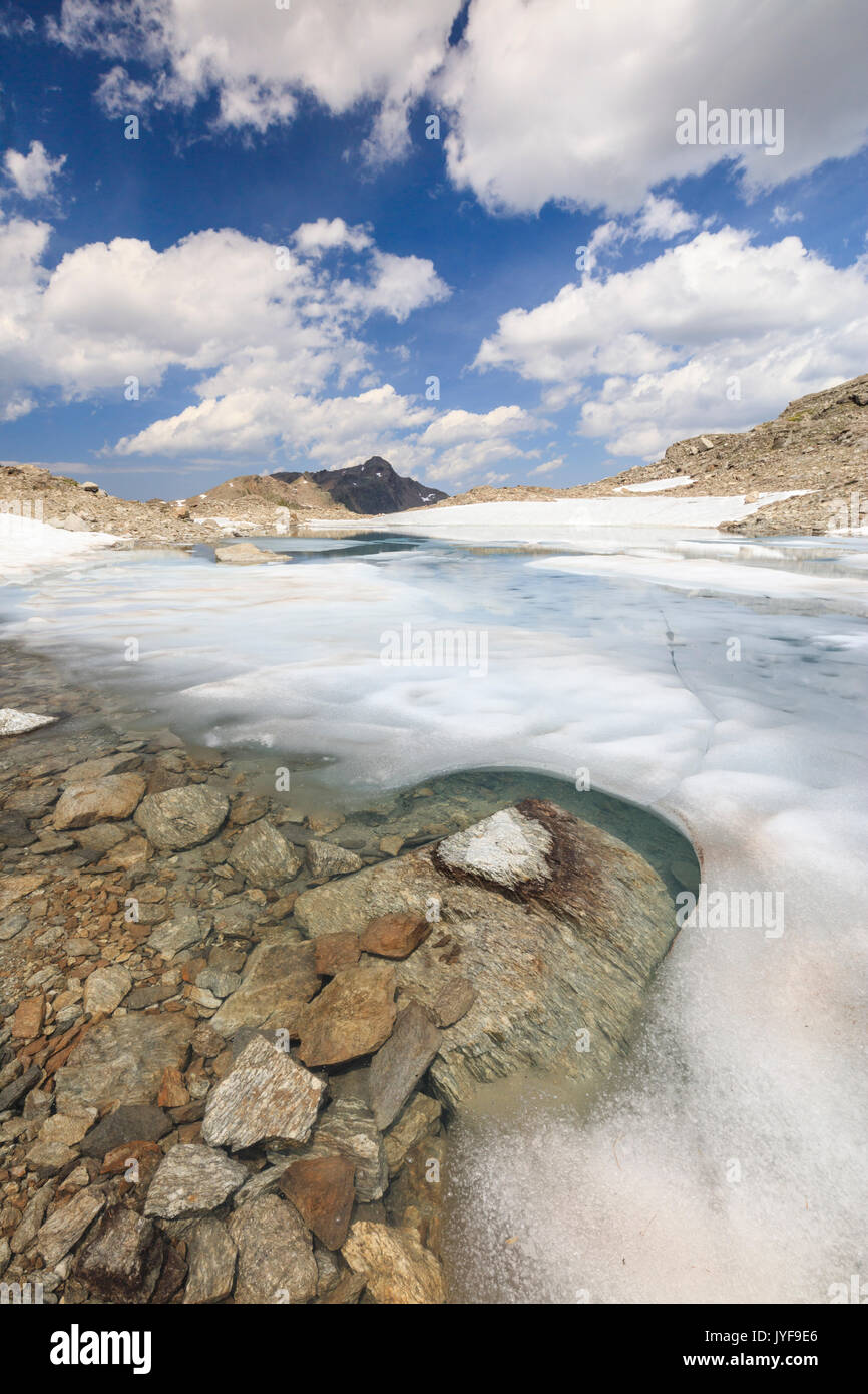 Ice and snow during summer thaw of the alpine lake Joriseen Jörifless ...