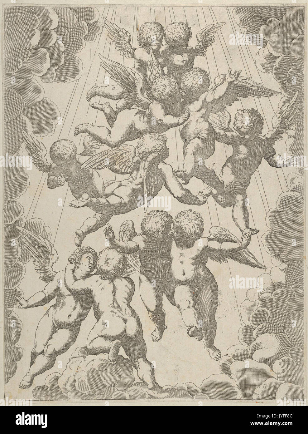 A group of angels embracing in flight, framed by clouds, after Reni MET ...