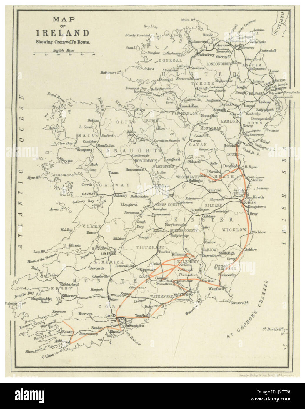 MURPHY(1883) p008 Map of Ireland, showing Cromwell's Route Stock Photo ...