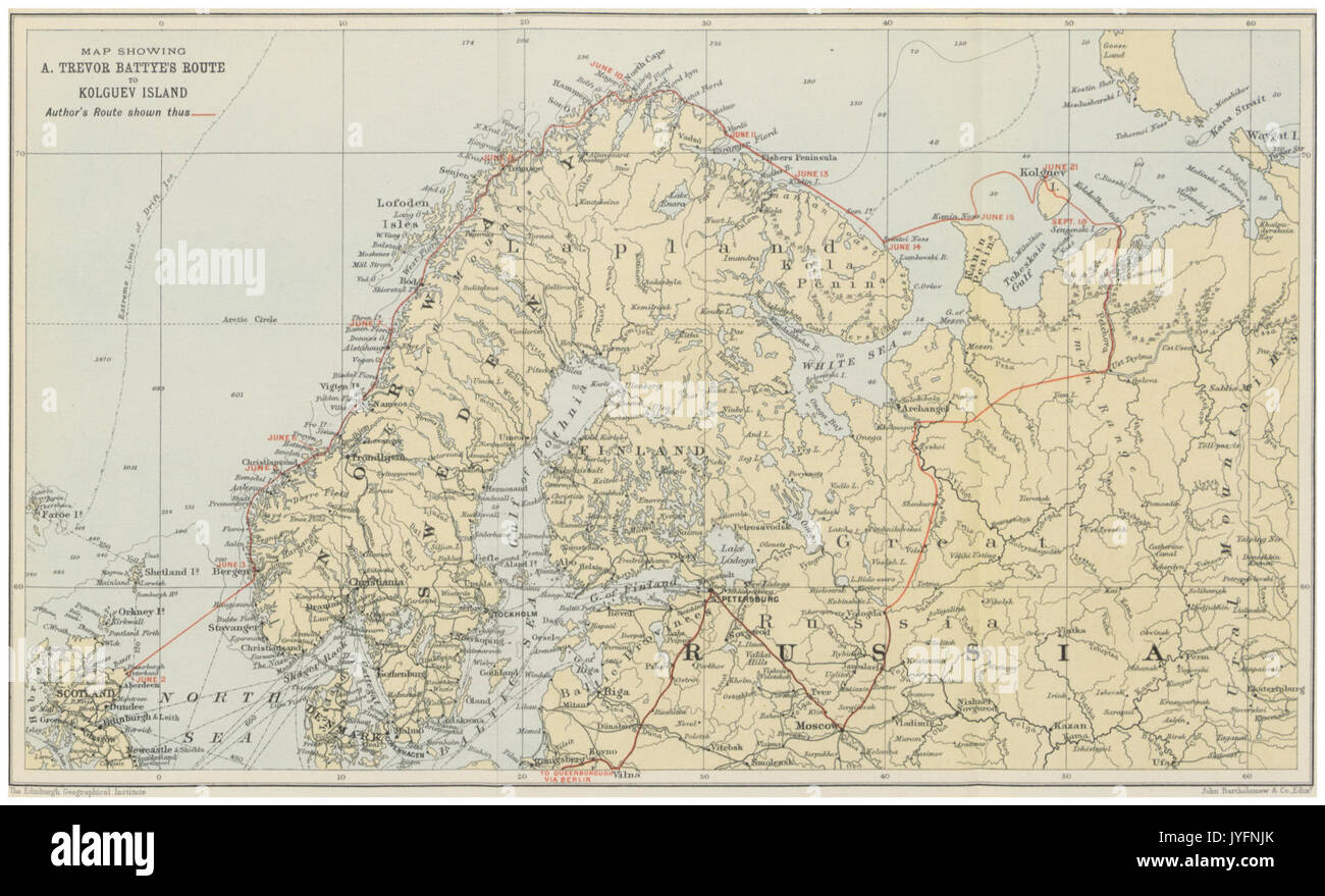 TB(1895) p593 Map showing the Route to Kolguev Island and retour Stock ...