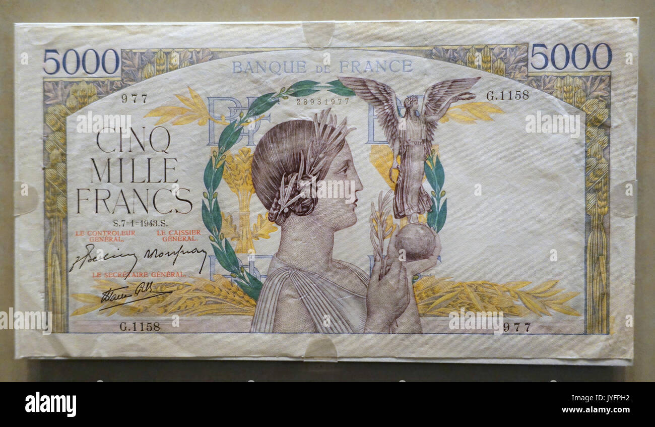 The 5,000 Francs note from the Banque de France, issued in 1942, was ...