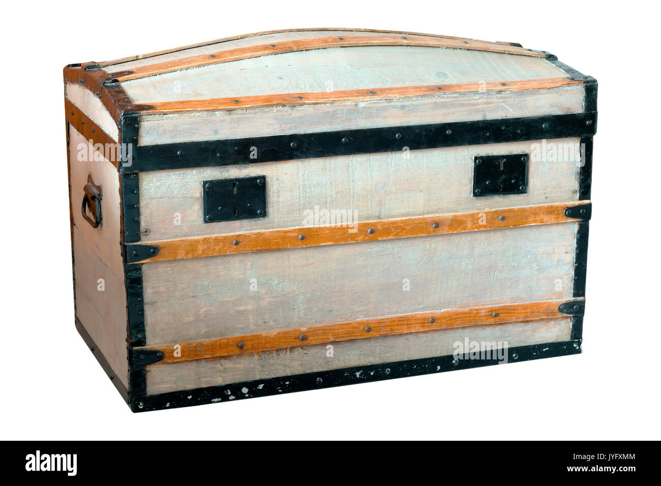 Wooden treasure style chest with dents and scratches on a isolated ...