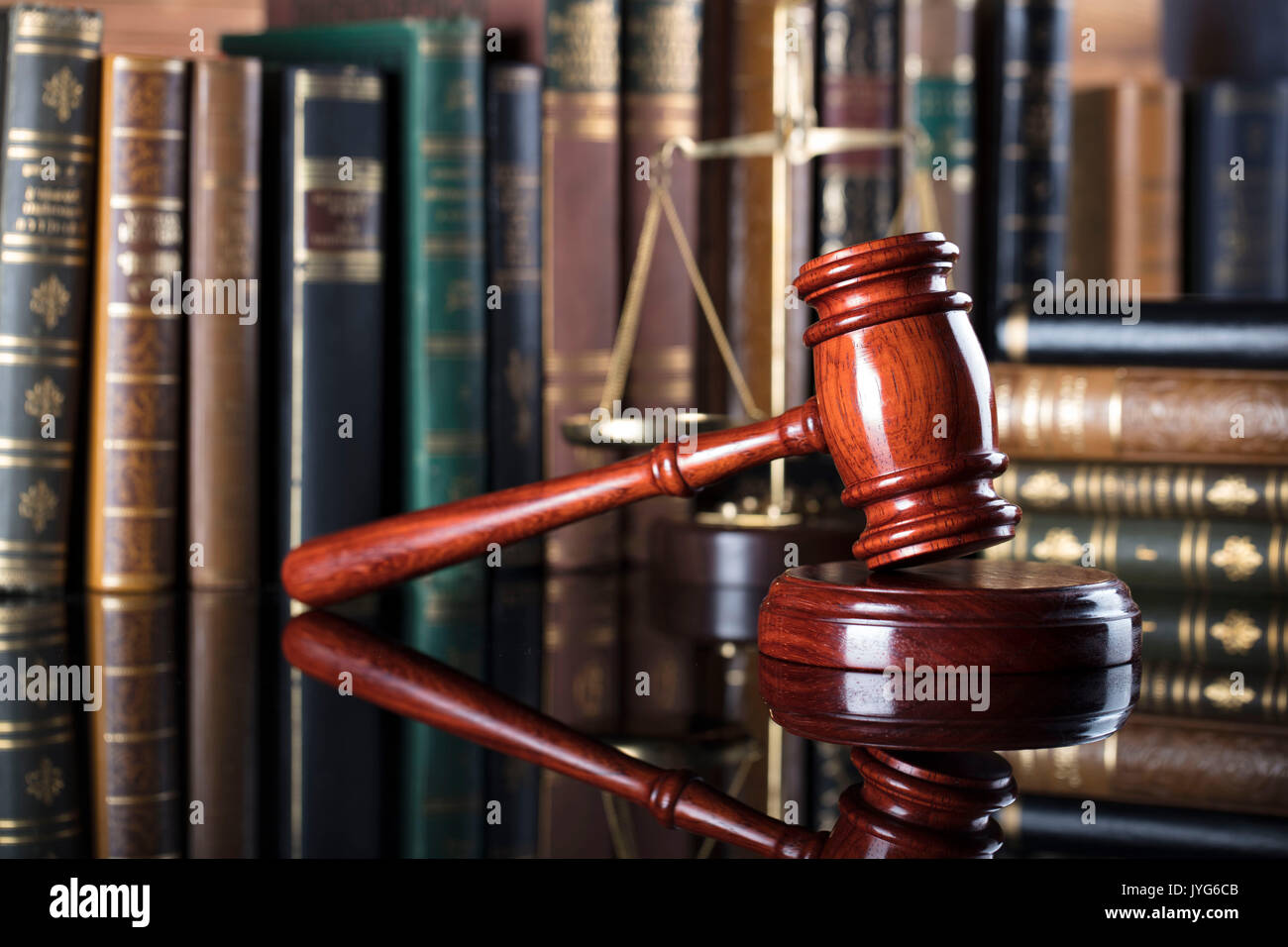 Gavel of the jugde and scale of justice in the court library Stock ...