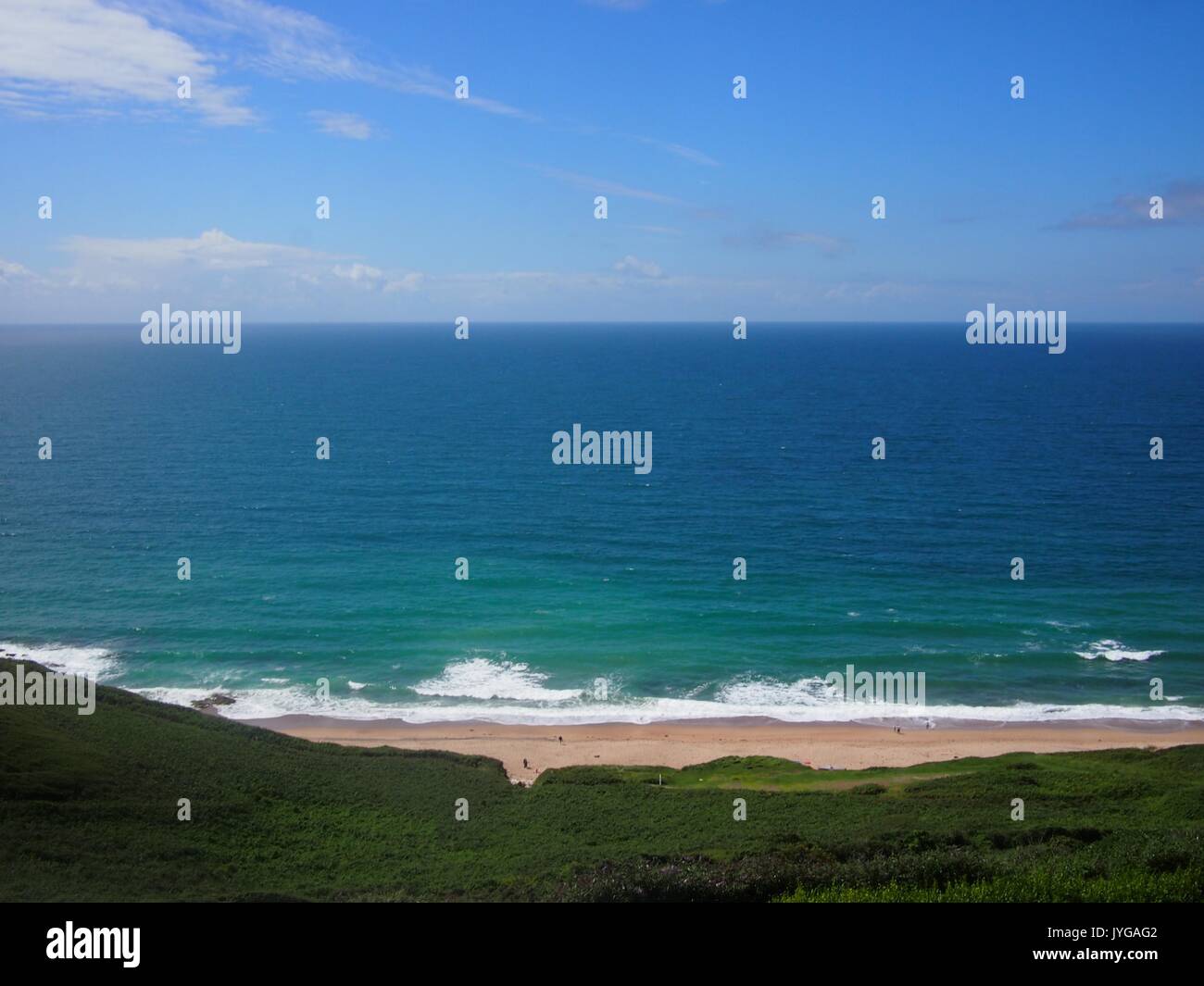 Blue sky, white sand, and turquoise sea at Praa Sands beach in Cornwall ...