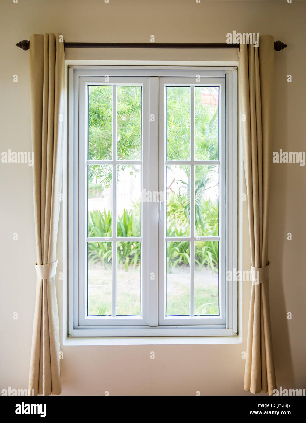 opened window with white frame and curtain Stock Photo - Alamy
