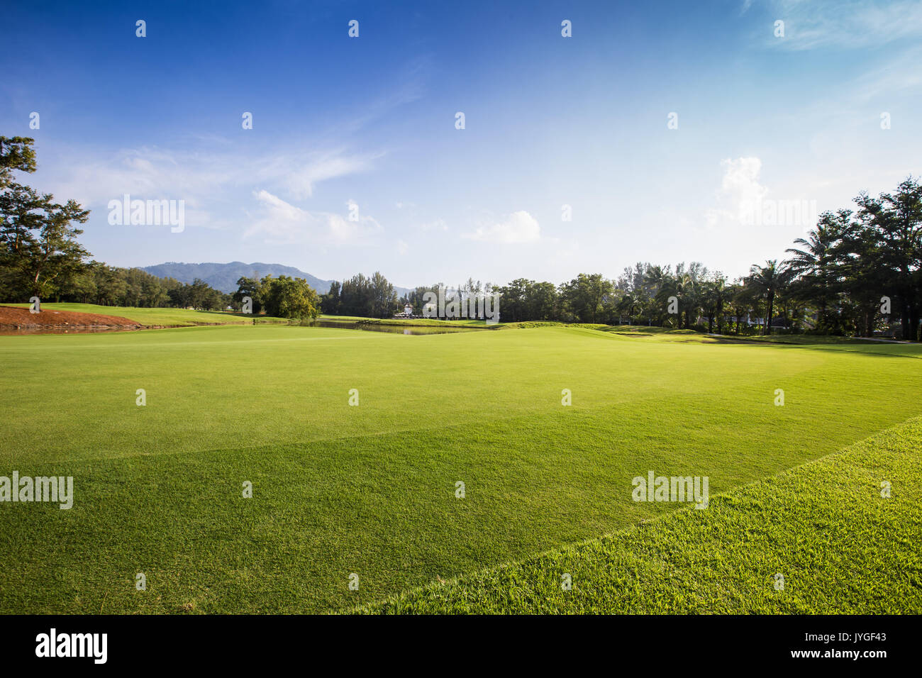 golf course with green field and blue sky background Stock Photo - Alamy