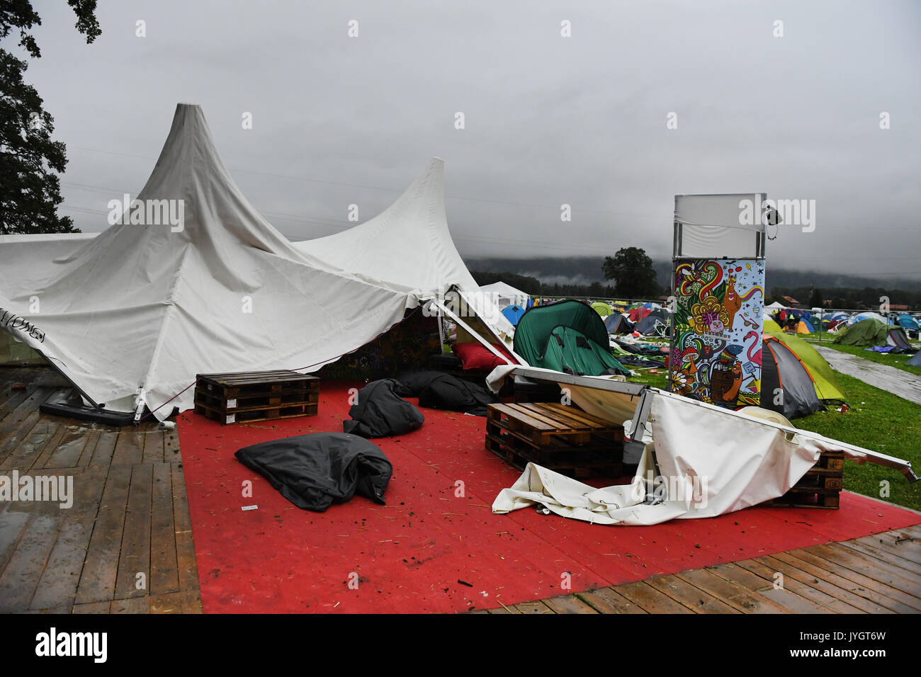 Uebersee, Germany. 18th Aug, 2017. Damaged tents and belongigns of ...