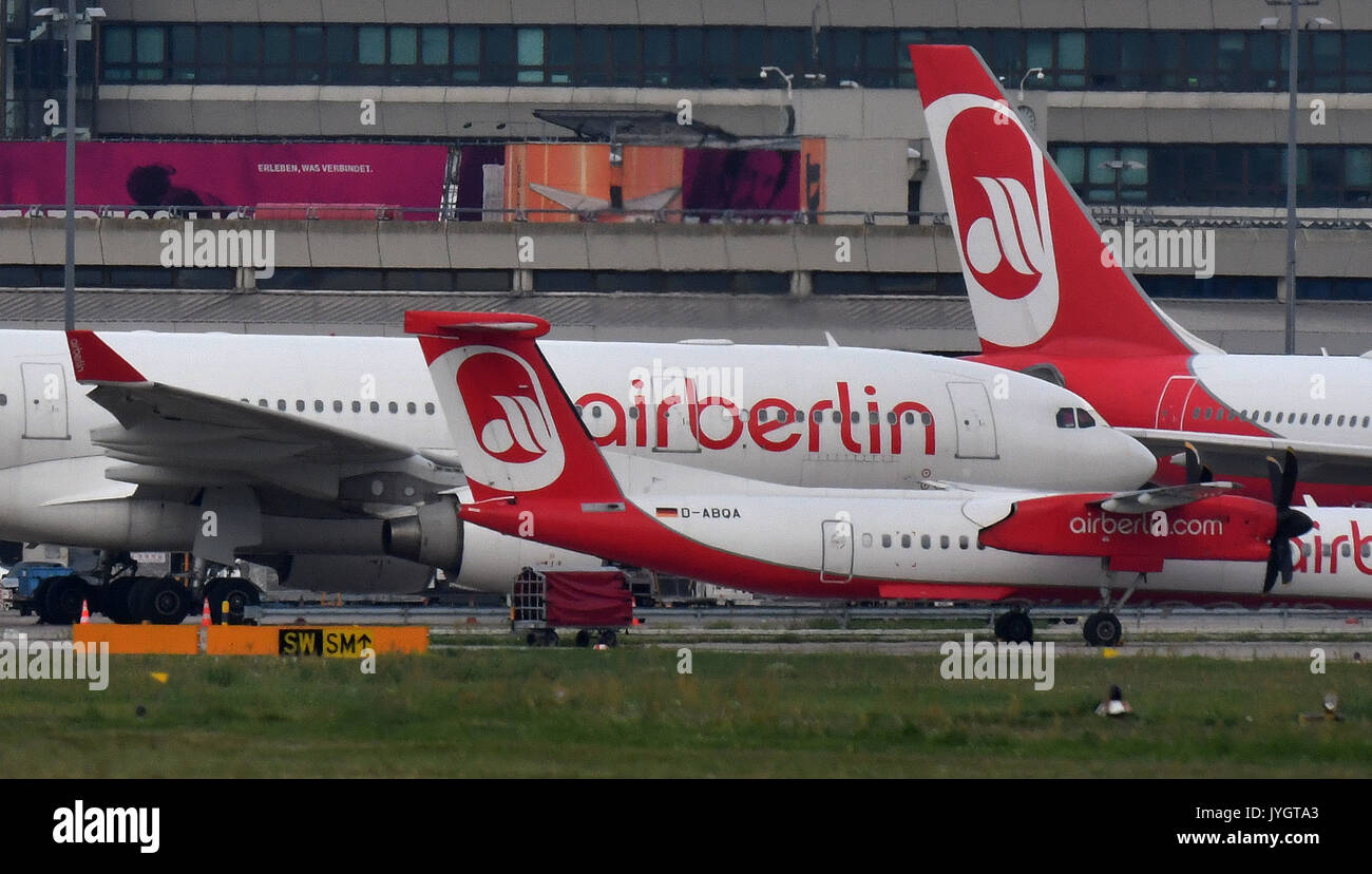 Airplanes of the insolvent airline 'Air Berlin' stand at Tegel Airport ...