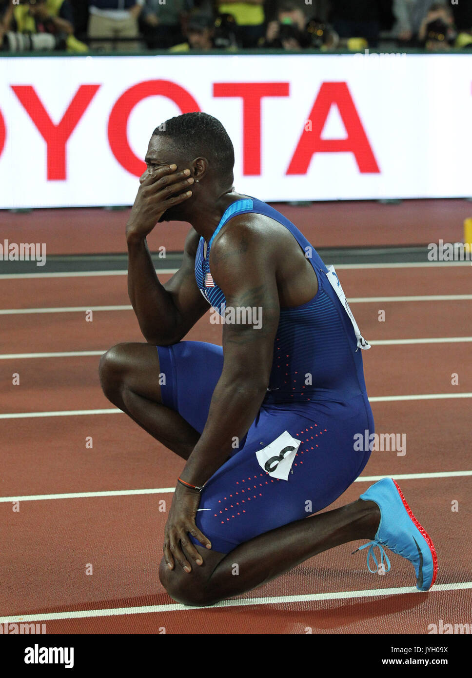 Justin Gatlin (USA) celebrates after winning the 100m in 9.92 during ...