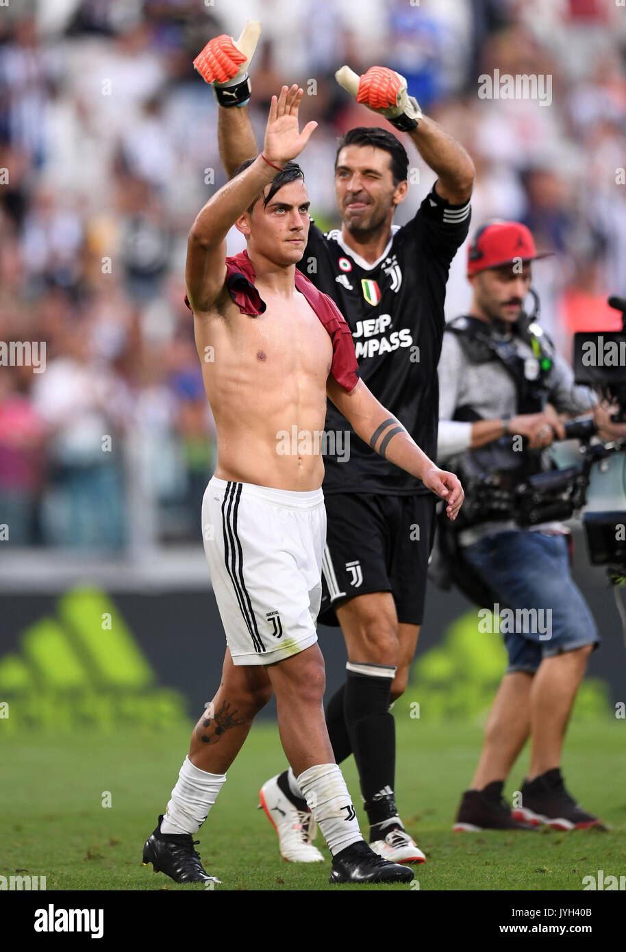 Turin, Italy. 19th Aug, 2017. Juventus' Paulo Dybala (L) and Gianluigi ...