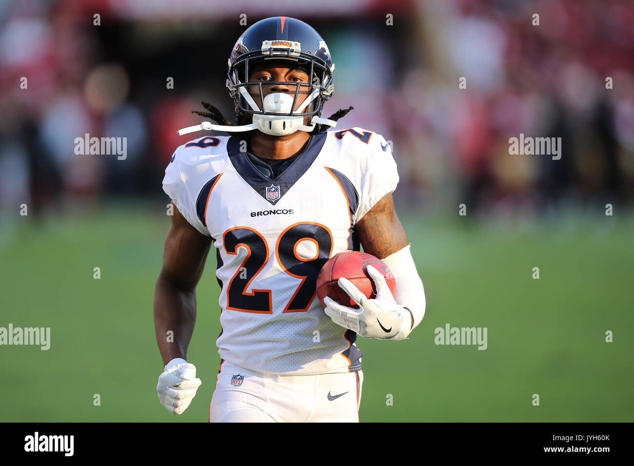 August 19, 2017: Denver Broncos cornerback Bradley Roby (29) eyes the ...
