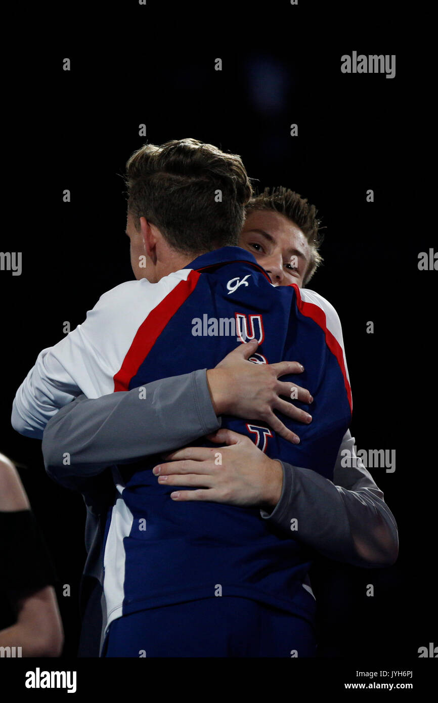 August 19, 2017: Gymnast Eddie Penev congratulates his brother, Kevin ...