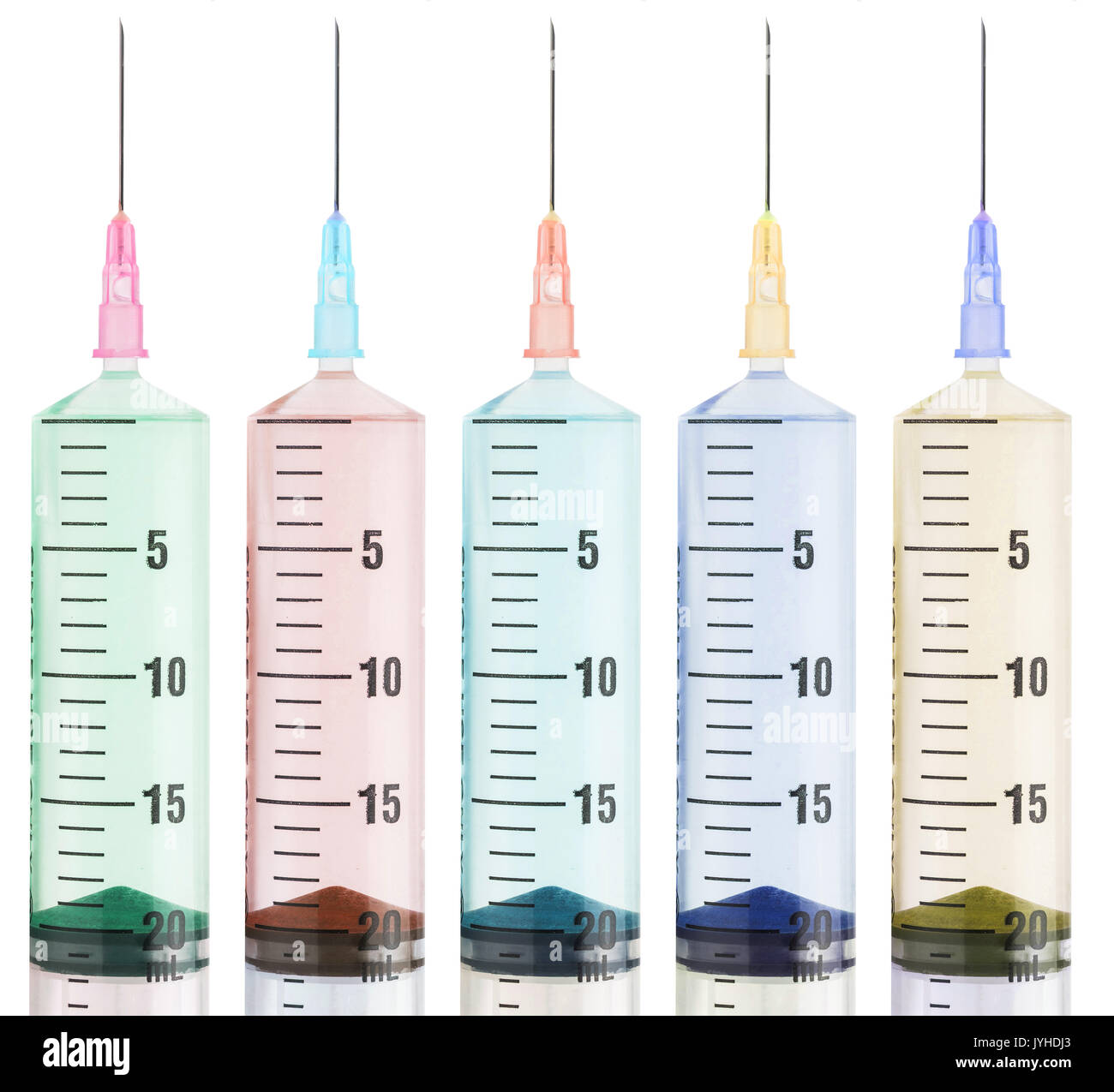 five colorful syringes on white background Stock Photo - Alamy