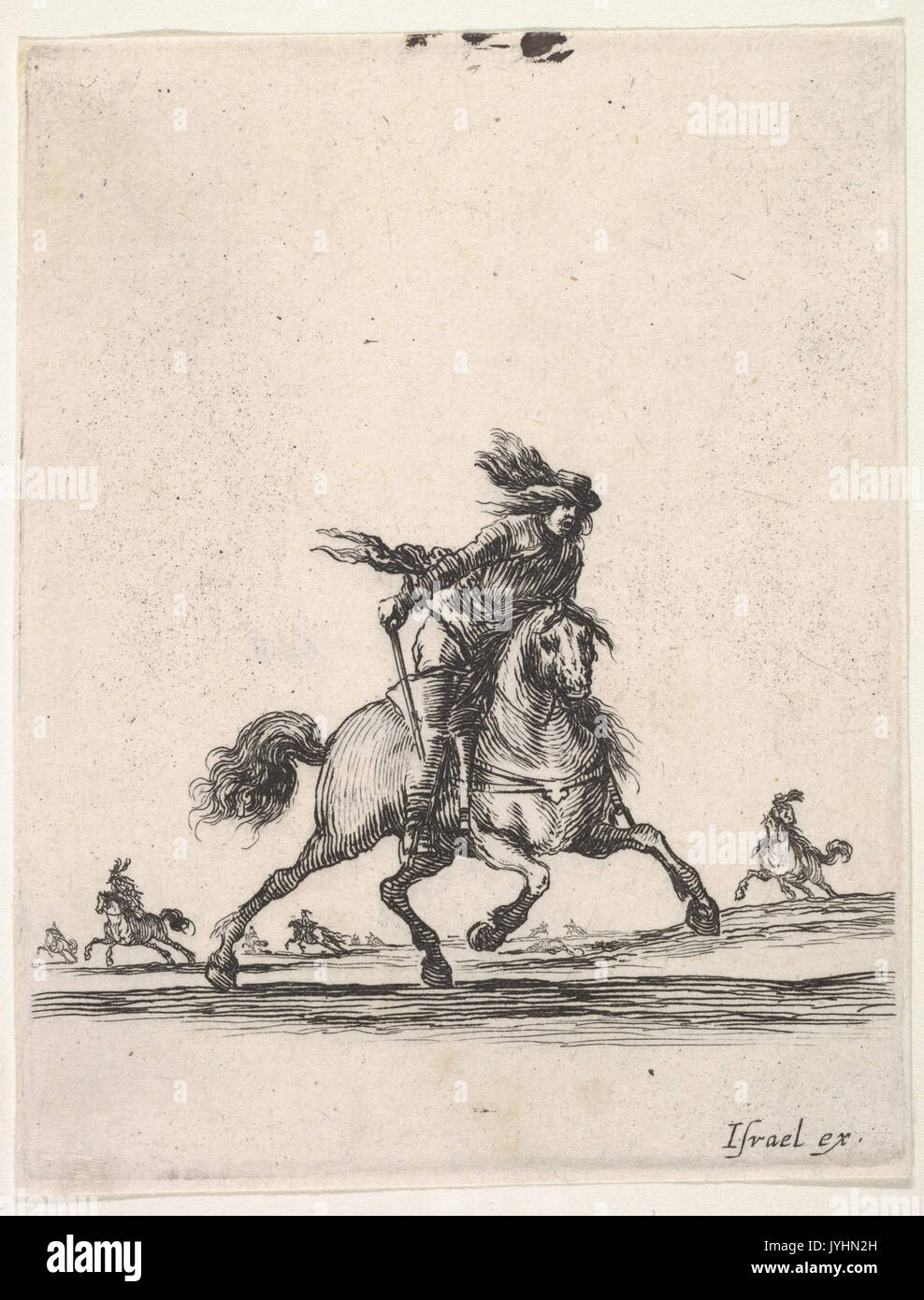 A horseman galloping towards right with sword in hand, other horsemen ...