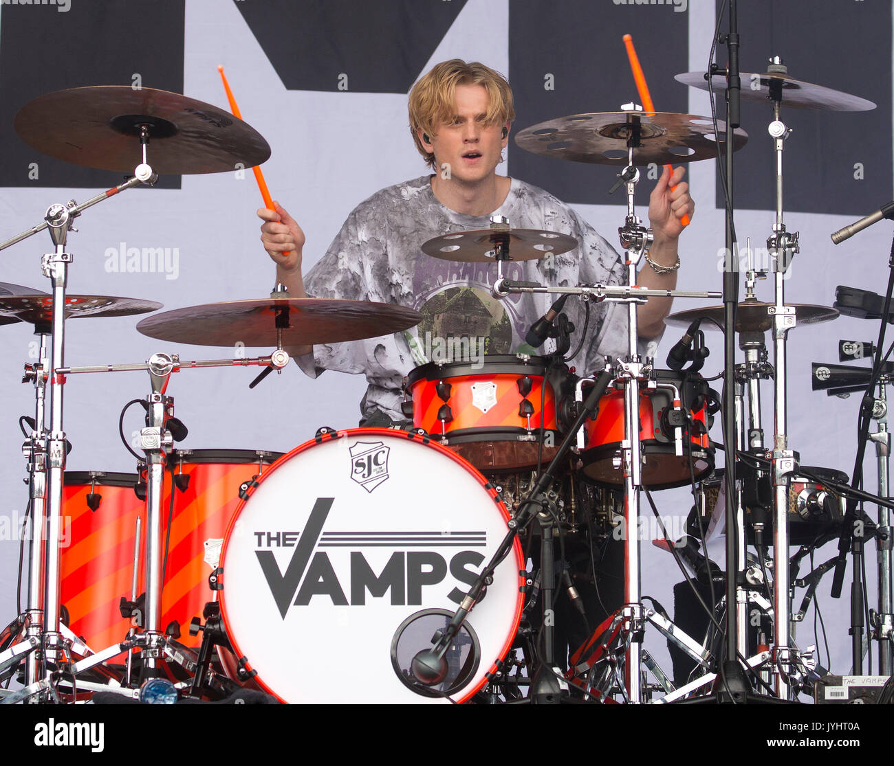 The Vamps drummer Tristan Evans plays at the MTV Stage during the V ...